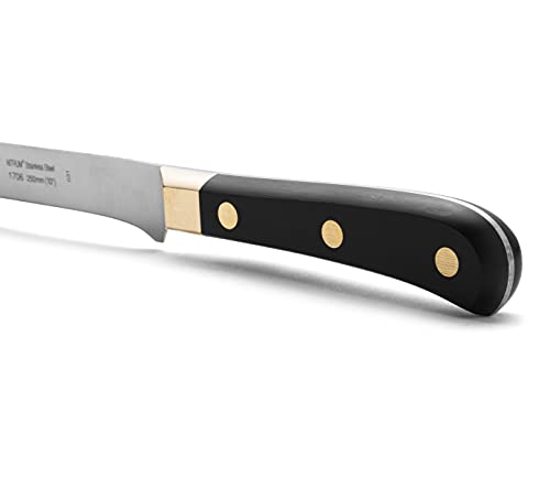 ARCOS Carving Knife 10 Inch Stainless Steel. Ham Slicer Knife for Cutting Ham and Meat. Ergonomic Polyoxymethylene Handle and 250mm Blade. Series Regia. Color Black/Gold