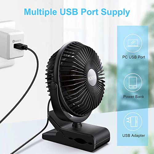 HONYIN USB Clip on Fan, 720° Rotation Small Desk & Clip Fan, Personal Cooling Fan with Sturdy Clamp, 3 Speeds, Quiet Little Fan by USB Plug In, for Bedroom Office Desktop Treadmill