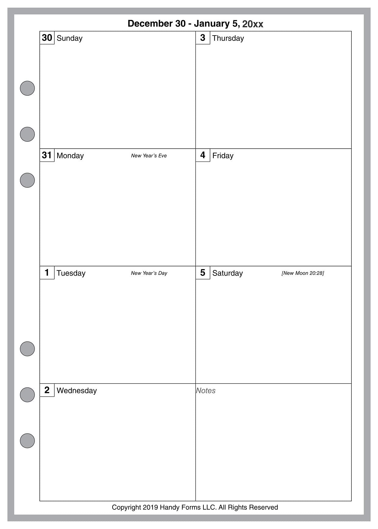 2022 Weekly Planner for A5 Size notebooks by FiloFax, Kikki-K, and Others. 1 Page Per Week, Week Starts on Sunday. Style D, no Lines.