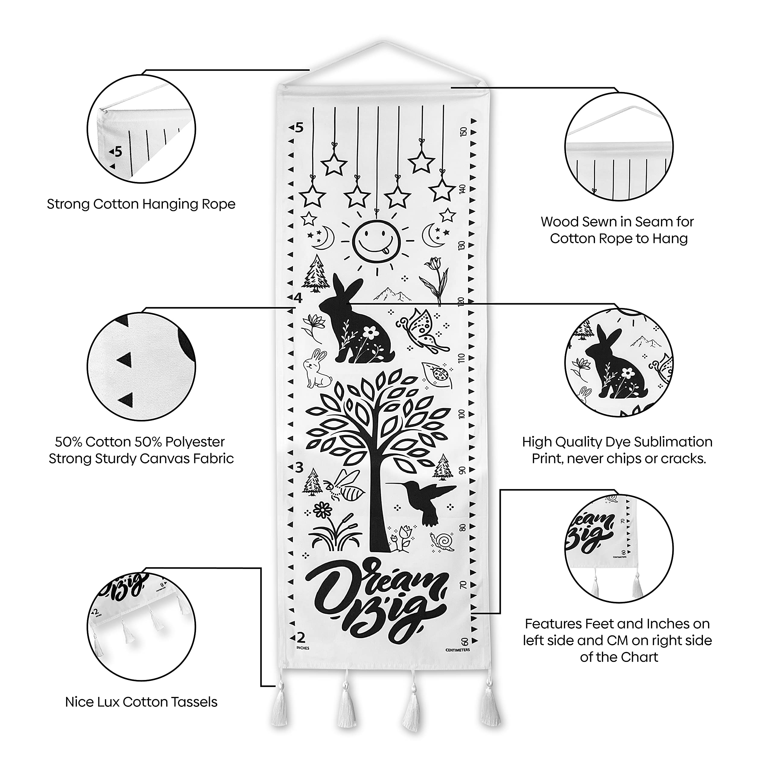 Canvas Growth Chart for Kids for Measuring Height Against The Wall Unique Gift Ideas, Gender Neutral Measure Toddler’s Growth for Boys and Girls Strong Fabric Height Ruler