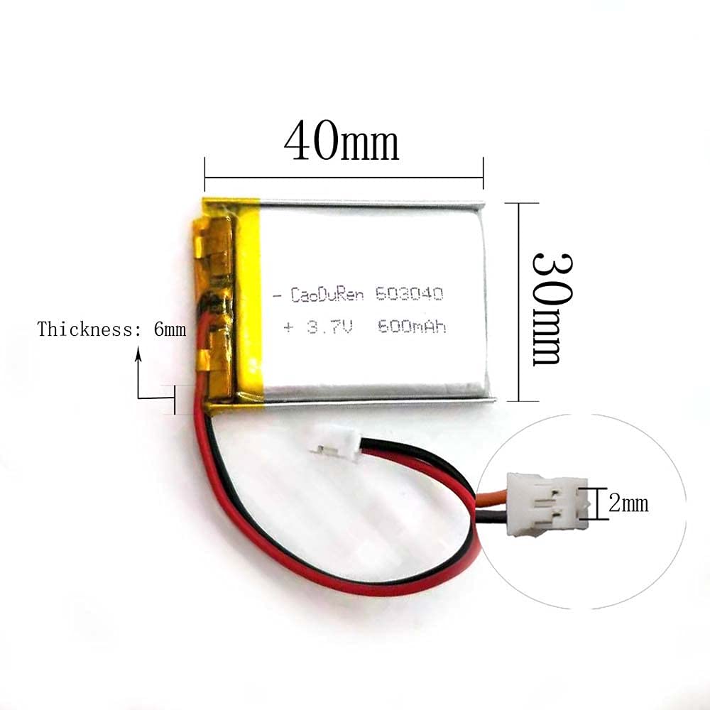 CaoDuRen Rechargeable 3.7V Li Lipo Lithium Polymer Ion Battery Pack with 2 Pin 2.0mm/1.25mm JST Connector (603040 600mAh 2.0Jst)