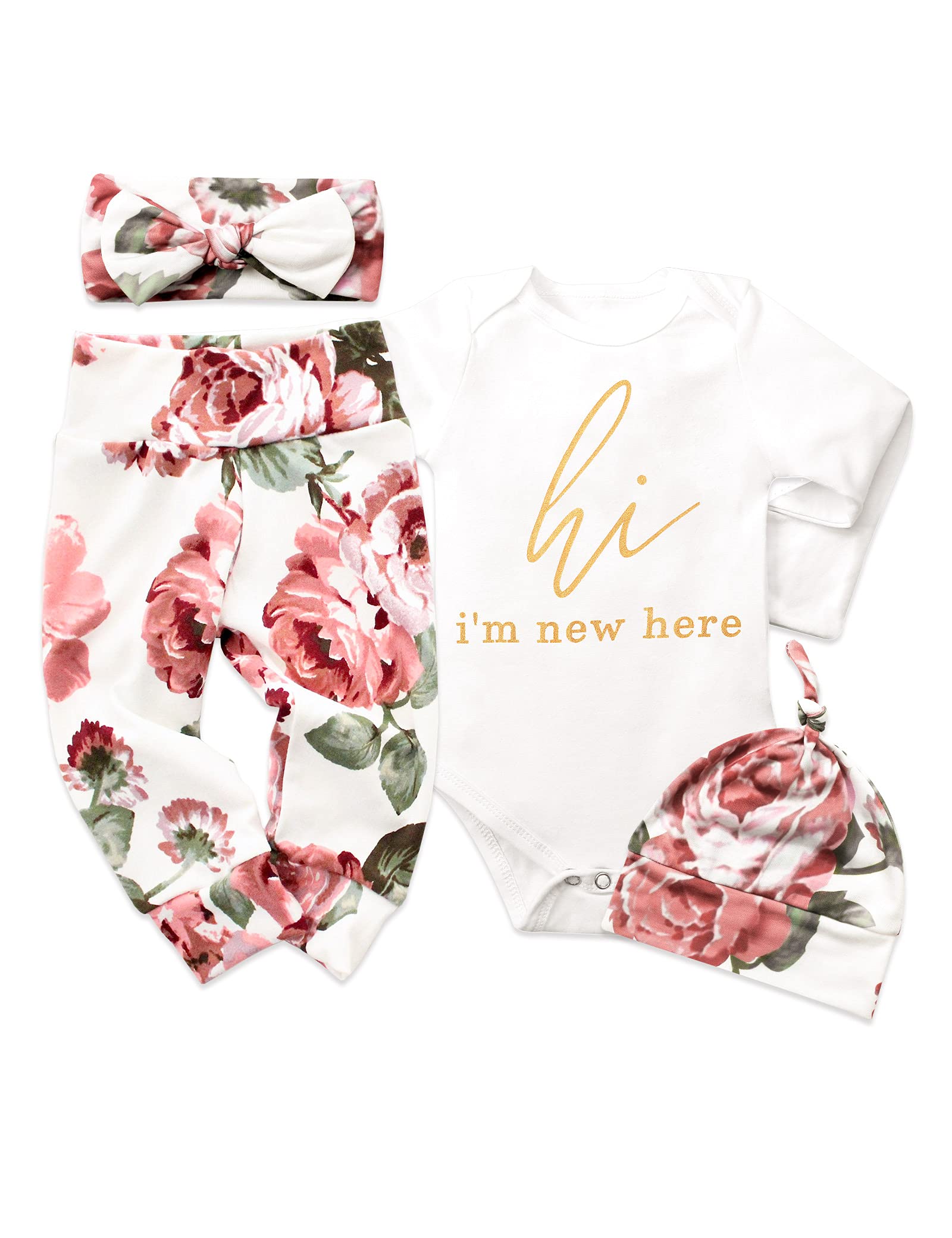 KANGKANG Newborn Girl Clothes Baby Girl Clothes Hi Im New Here Newborn Outfit Romper + Floral Pants + Headband + Hat New Born Clothes Baby Girl 4PCS Set