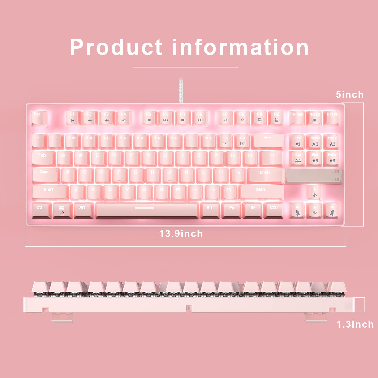 Anivia Mechanical Gaming Keyboard, MK1 Wired LED Backlit Keyboard with 87 Keys Compact Computer Keyboard for Mac PC Laptop, Cute Pink Keyboard - Blue Switches
