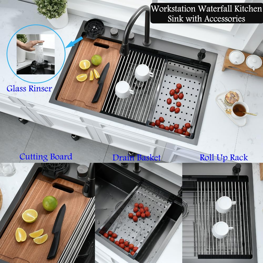 33 Inch Waterfall Drop In Kitchen Sink with Faucet Combo-Bokaiya 33x22 Waterfall Kitchen Sink Smart Workstation Sink 16 Gauge Multifunctional Single Bowl Stainless Steel Kitchen Sink with Faucet