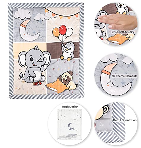 Orange Infinity 4 Piece Dreamland Crib Bedding Sets for Boys and Girls for Standard Size Crib | Nursery Baby Bedding Set of Crib Fitted Sheet, Crib Quilt, Dust Ruffle & Pillow Case, Grey