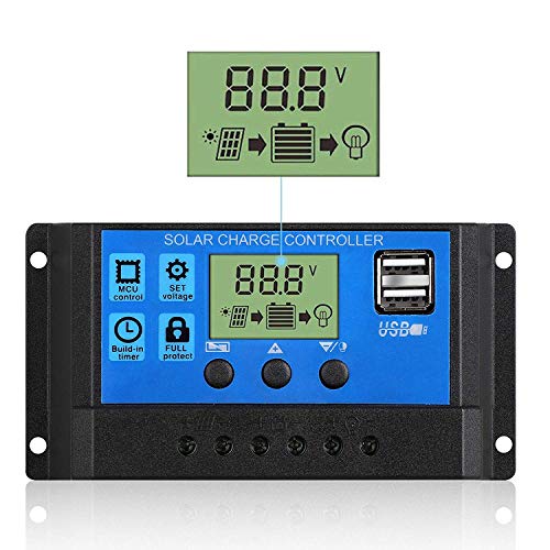 30A Solar Charge Controller, Dual USB Port Solar Panel Battery Intelligent Regulator, Multi-Function Adjustable LCD Display Street Light Controller (30A)