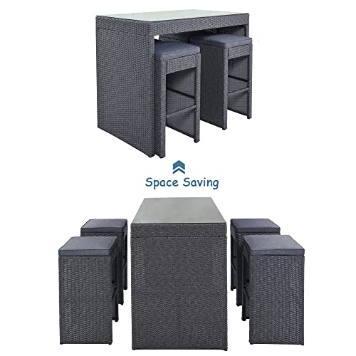 5-Piece Rattan Outdoor Patio Furniture Set Bar Dining Table Set with 4 Stools, Gray Cushion+Gray Wicker