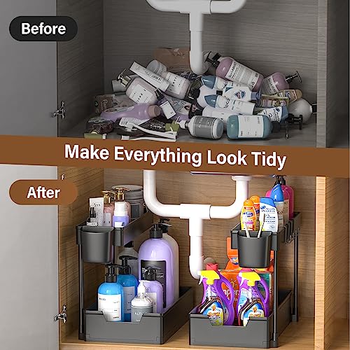 2 Pack Under Sink Organizers and Storage L-Shape 2 Tier Pull Out Sliding Drawer Narrow Space Storage Multipurpose Sliding Kitchen Cabinet Bathroom Organization Under Sink Cleaning Supply Organizer