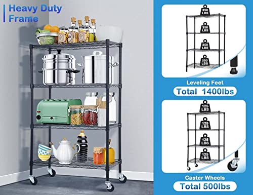 4-Tier Storage Shelves, Wire Shelving Shelf Organizer Height Adjustable Heavy Duty Metal Shelving with Wheels,NSF Certified 36""L*14""W*62""H" Shelving Unit for Kitchen,Bathroom,Office,Pantry(Black)