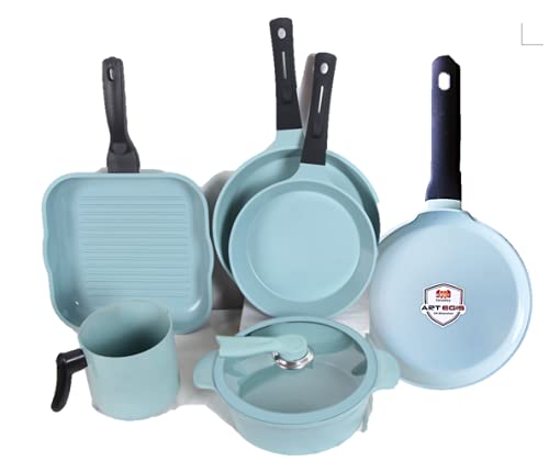 7 piece JADE COOK Set 9.5" Fry Pan, 11" Fry pan, 10" Round griddle, 11" Square grill pan 9.5" Casserole, 5.5" Milk Pot (KFCC Die Cast)