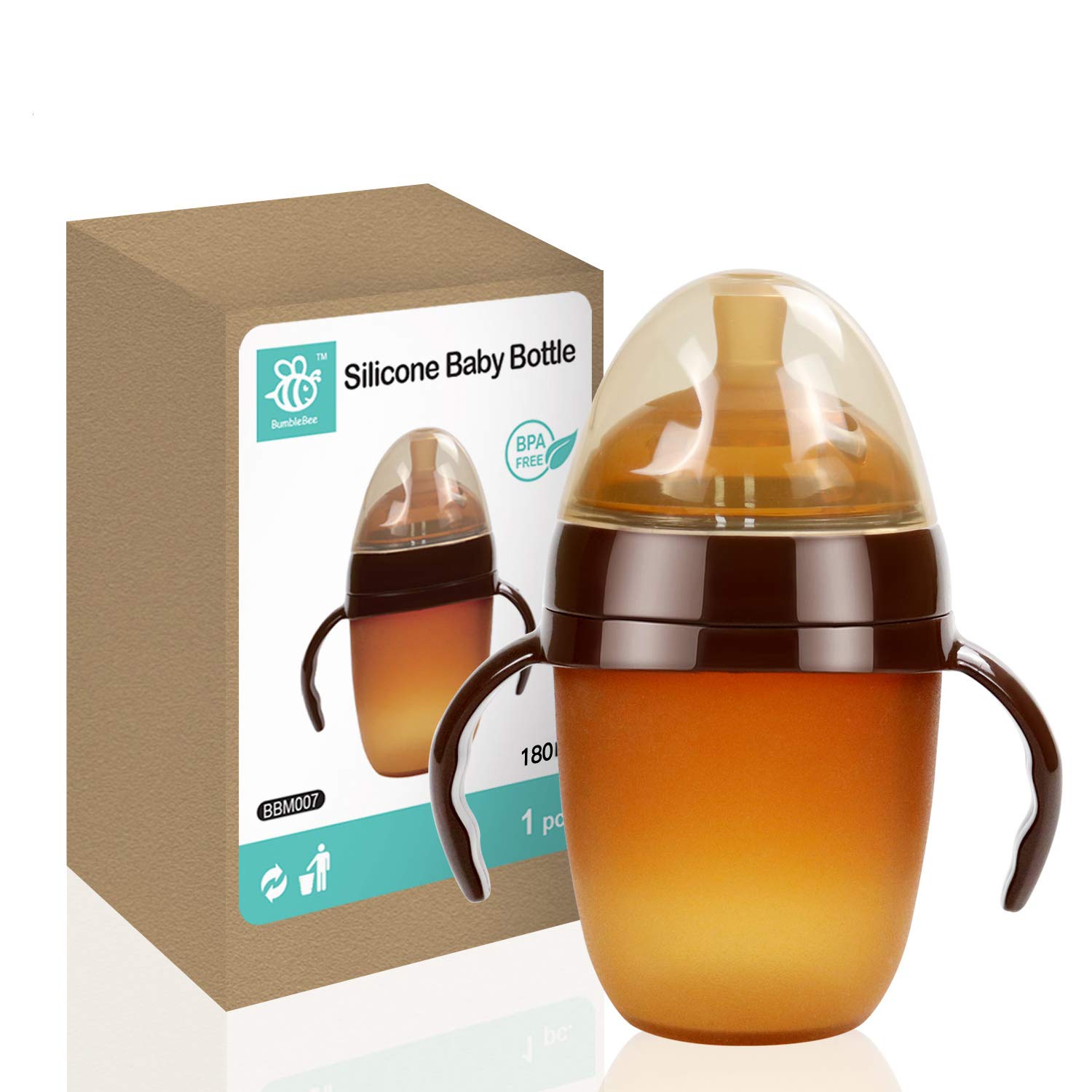 BumbleBee Baby Bottle Silicone Baby Feeding Bottle 8oz with S Nipple for Newborn, Nanosilver