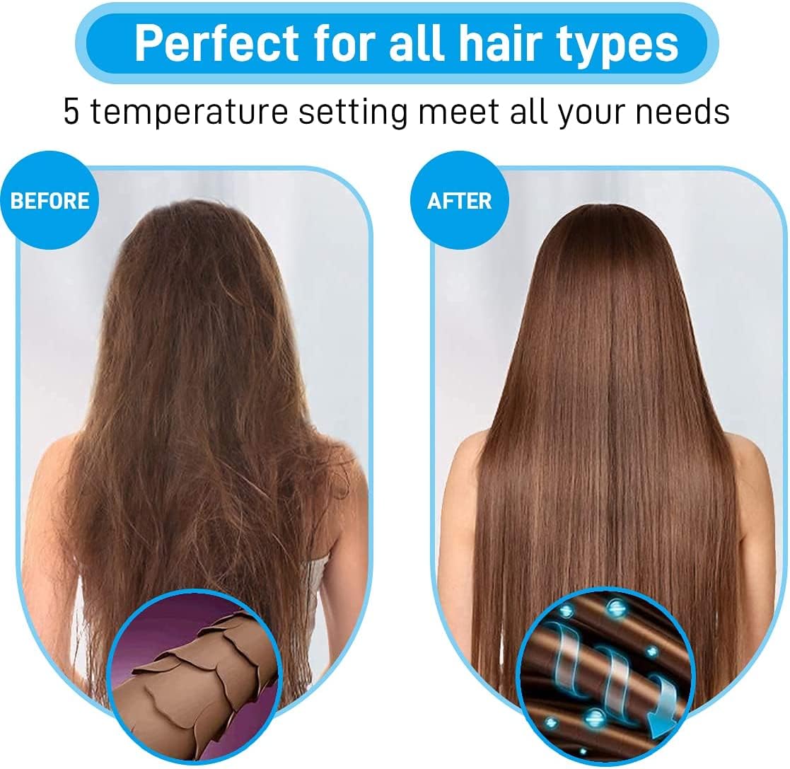 Hair Straightener Brush, AmoVee Ionic Hair Straightener Comb,15s Fast Heating up, 5 Adjustable Temp 285℉-430℉, Auto Temp Lock Straightening Brush for Home Salon, Dual Voltage, Blue