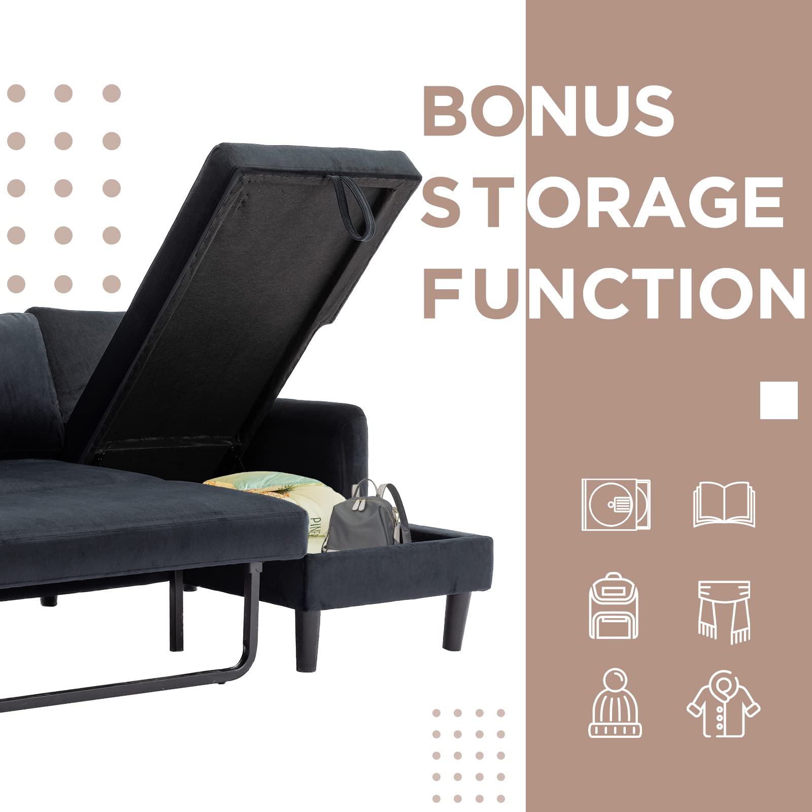 Akrenar Reversible Sectional Sofa with Storage, Modern Velvet Fabric Sleeper Sofa L-Shaped Couch, Sectional Couches for Living Room, Bedroom, Apartment,Office(Black)