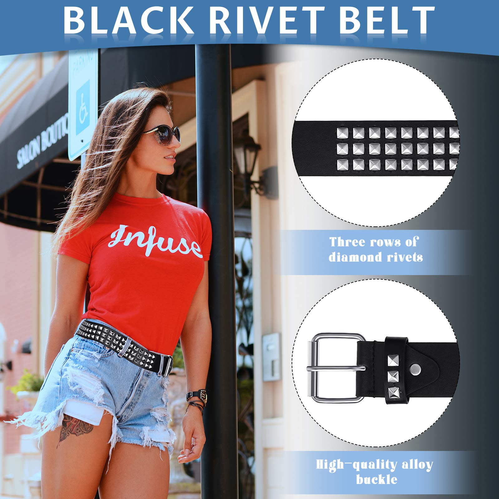 2 Pcs Rivet Studded Punk Belt Double Grommet Belt Gothic Belt for Women Men Gift (Black,No Chain)