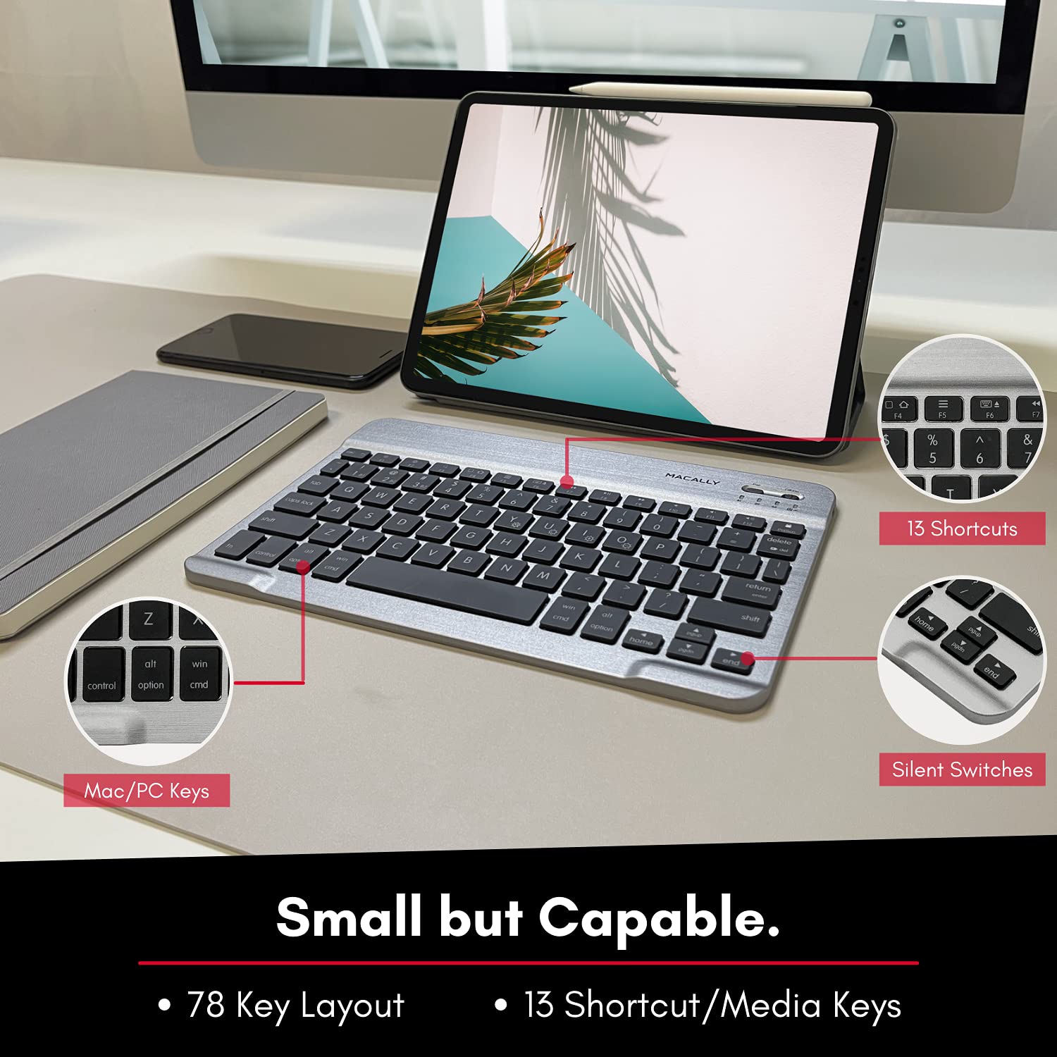 Macally Backlit Bluetooth Keyboard (Universal 7 Colors, Small, Portable) for iPad Pro/Mini, iPhone, Android, Kindle Fire, Samsung Note 9 - BTBLTABKEYSG
