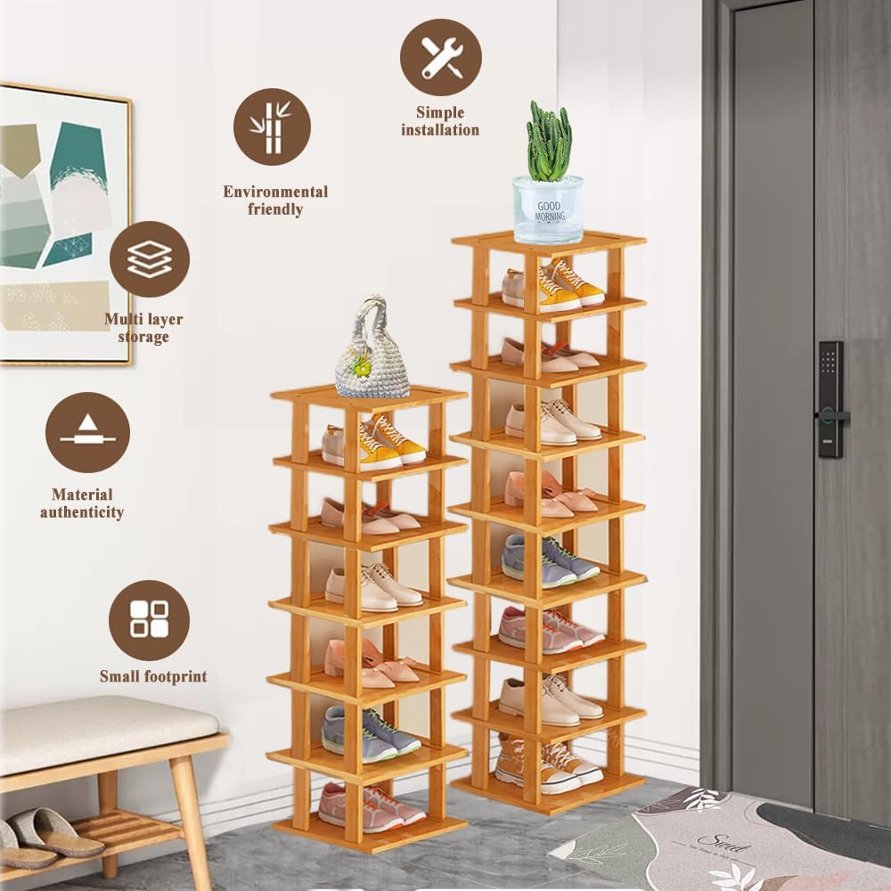 7 Tiers Bamboo Shoe Rack,Vertical Shoe Rack for Small Spaces,Tall Narrow Shoe Rack Organizer for Hallway,Closet Entryway Corner Garage and Bedroom,Skinny Shoe Shelf Free Stackable,Space Saving Storage