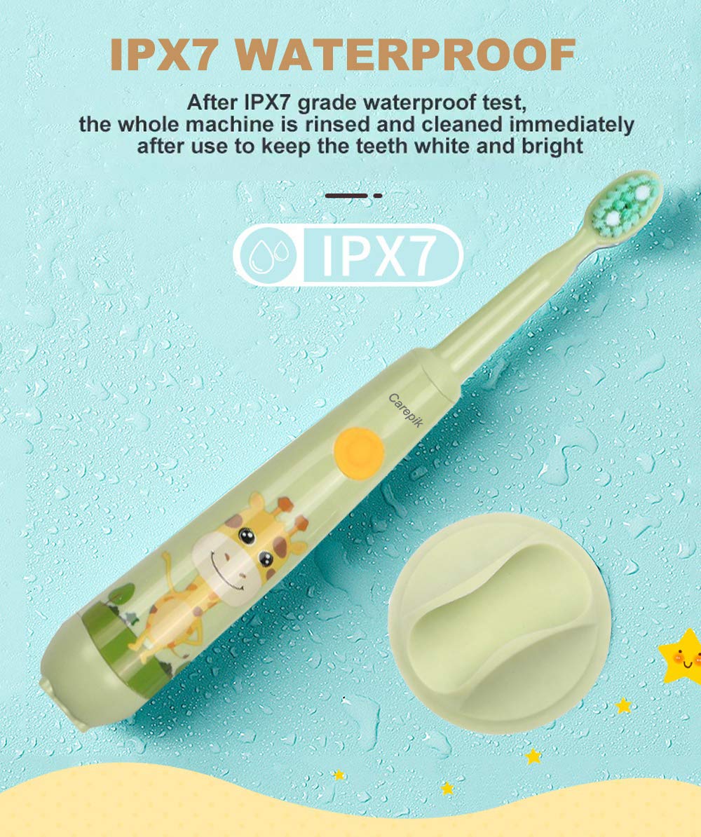 Carepik Kids Electric Toothbrush Set, Sonic Rechargeable Powered Toothbrush, Extra Soft Bristles, 2 Brush Replacement Heads, Cute Animal Cover, 3 Modes, Fun & Easy Cleaning for Age 3+ (Green)