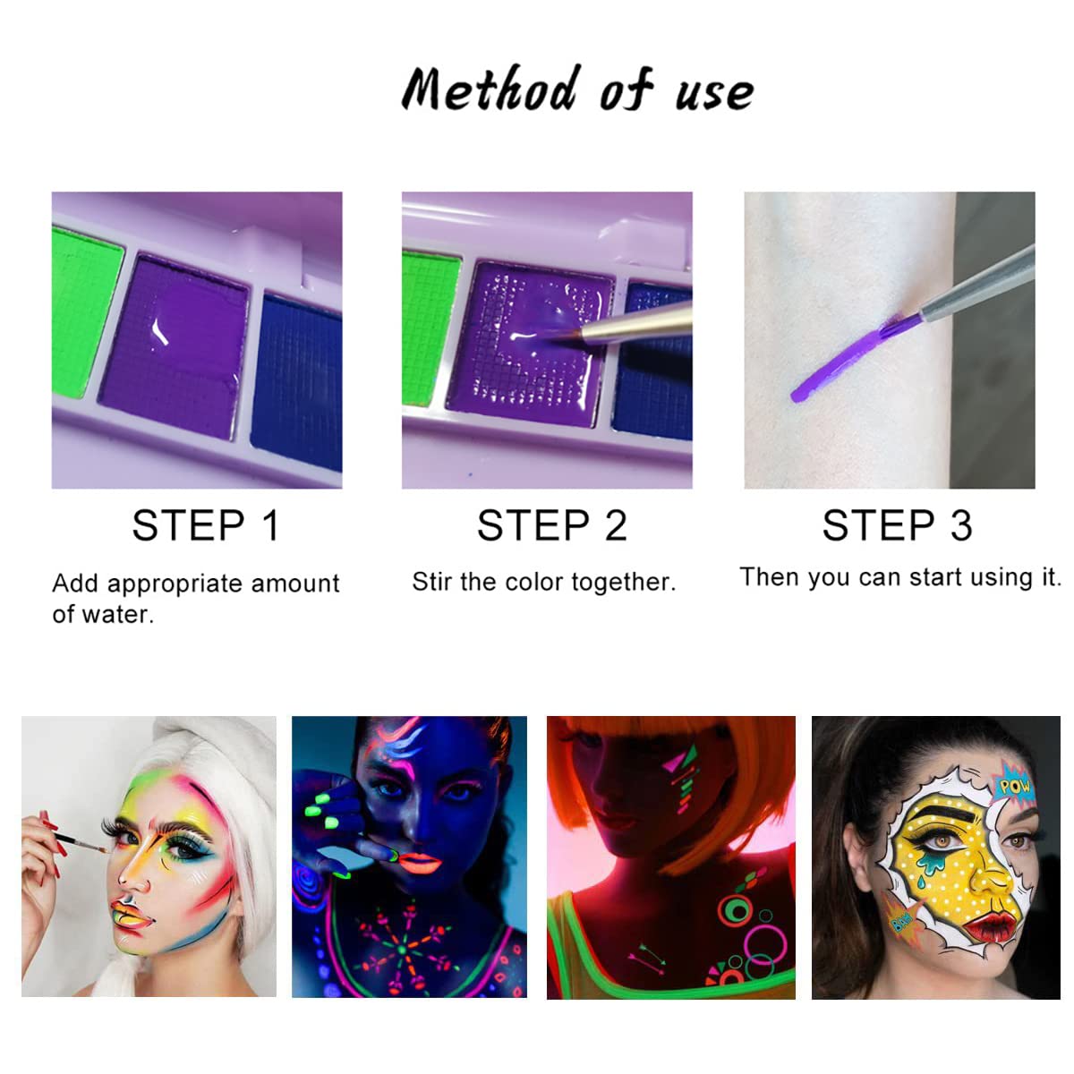 16 Colors Neon Face Paint Liner Makeup Water Activated Eyeliner Palette UV Glow Longlasting Fluorescent Face & Body Paint with Brush for Halloween Christmas
