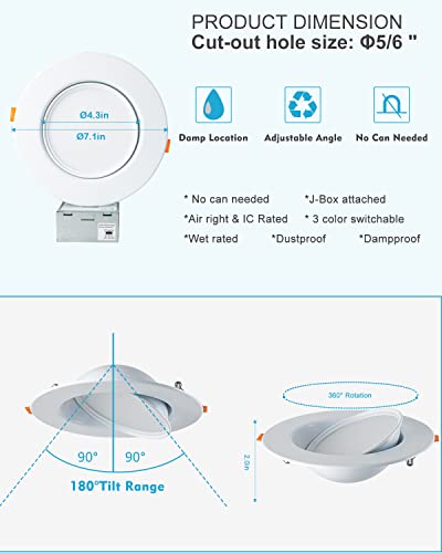 6Pack ๐ ๐ฒ๐๐ฎ๐น LED Downlight and Gimbal Recessed Lighting 6 inch, Adjustable Angled LED Recessed Lighted 3000K/4000K/5000K 12W=120W 1200LM Super Bright Directional Downlight