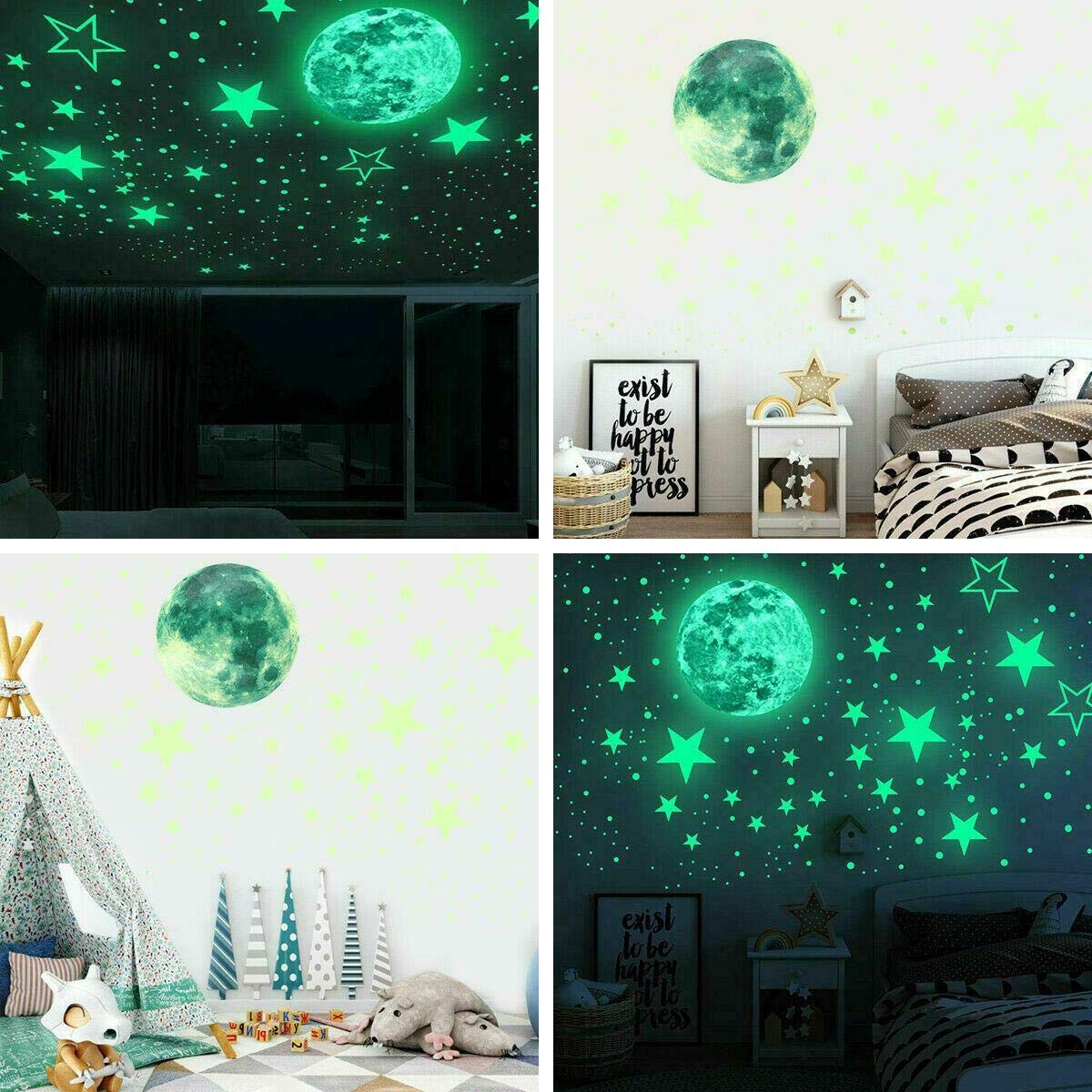 Homics Glow in The Dark Moon and Stars for Ceiling Nursery Wall Decals Stickers Luminous at Night for Kids Bedding Room