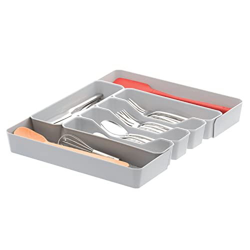 Spectrum Diversified Hexa 5-Divider Silverware Buildup-Resistant Drawer Organizer & Utensil Holder with Locking Expandable Wings, Easy-to-Clean Modern Kitchen Storage & Cutlery Tray, Stone Gray