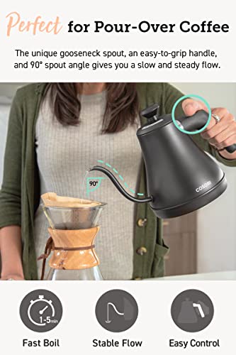 COSORI Electric Gooseneck Kettle with 5 Variable Presets, Pour Over Kettle & Coffee Kettle, 100% Stainless Steel Inner Lid & Bottom, 1200 Watt Quick Heating, 0.8L, Matte Black