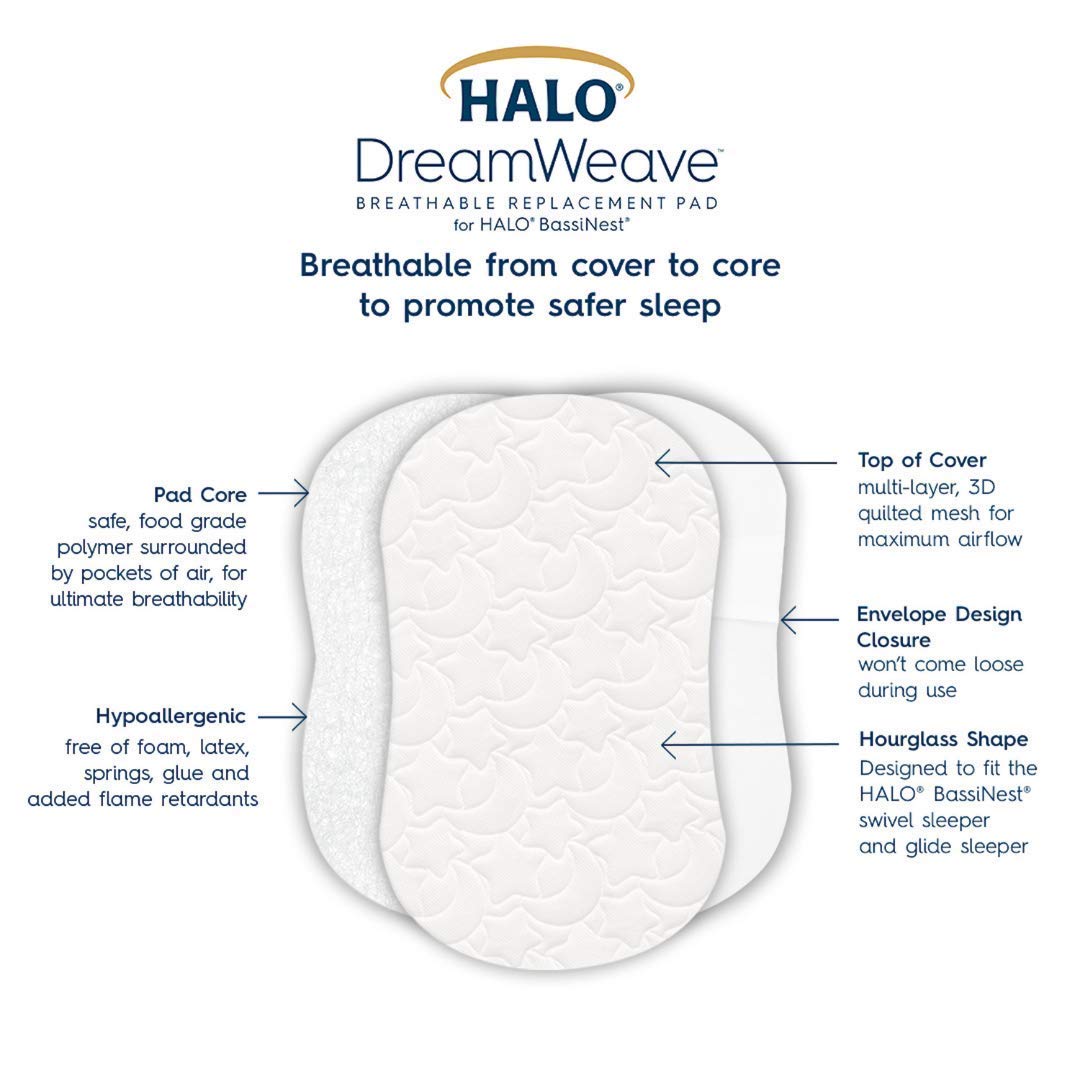 HALO DreamWeave Breathable Mesh BassiNest Mattress Replacement Pad and HALO BassiNest Fitted Sheet Pebble, Bundle