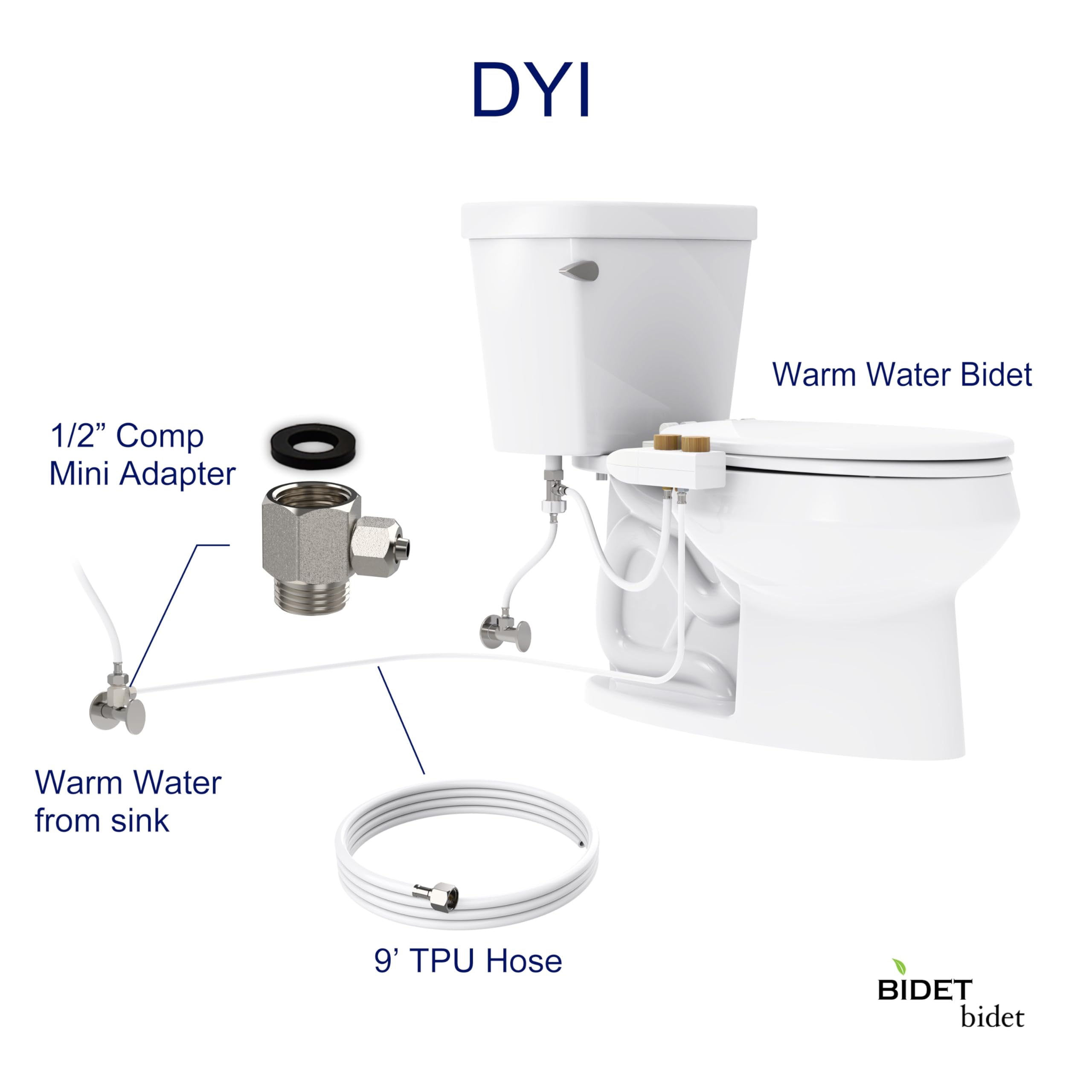 9' Polyurethane Hose with 1/2" Brass Mini Adapter. Connects the warm water from your sink to your BIDET bidet (Compatible with other Bidet brands)