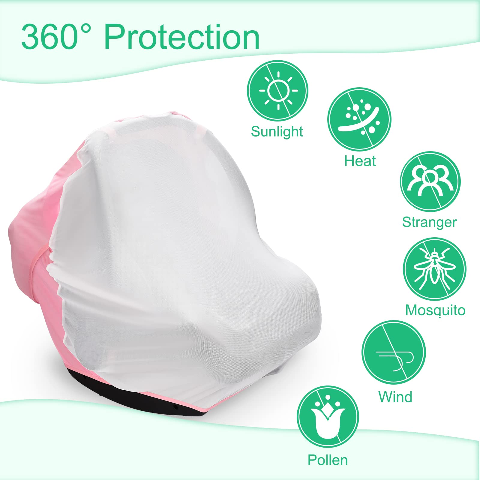 2-in-1 Baby Car Seat Cover, Infant Car Seat Canopy with Sun and Bug, Privacy Shade, Protects Babies from Mosquitoes, Wind, Sunlight, Universal Comfortable (Pink)