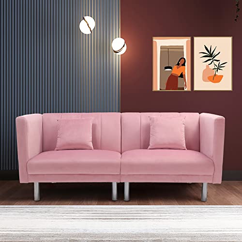 70" Velvet Couch,Tufted Loveseat Sofa,Convertible Futon Sofa Bed,Accent Sofa Recliner,2 Couch Pillows,Mid Century Modern Sofas for Home Living Room Bedroom (Pink)