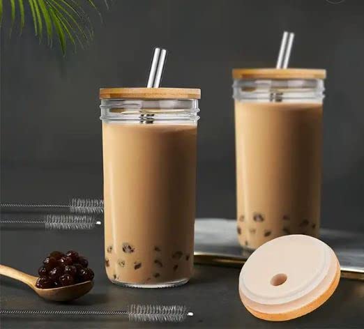24oz Tumblers with Lids and Straws, Reusable Water Bottle, Glass Cups with Bamboo Lid and Straw Set, Iced Coffee, Bubble Tea, Smoothies