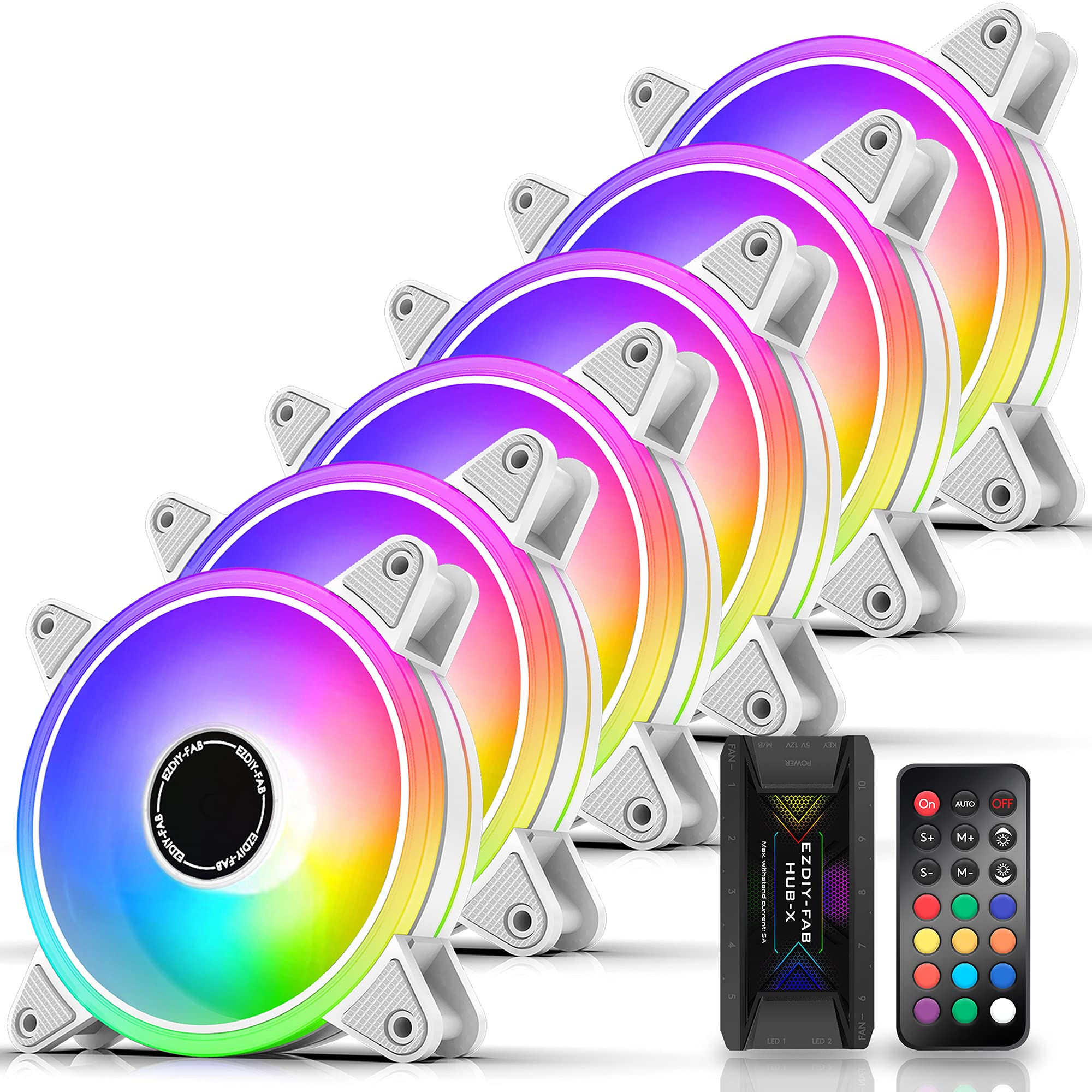 EZDIY-FAB White Moonlight 120mm RGB Case Fan with Fan Hub X and Remote,Motherboard Aura SYNC,Speed Control, ARGB Fan for PC , Desktop Case-6 Pack