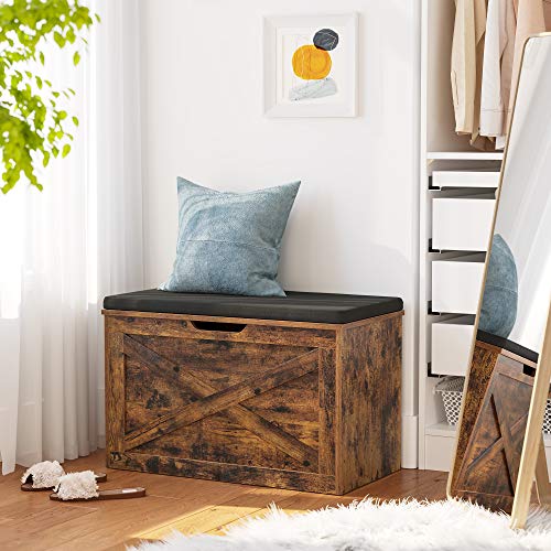 VASAGLE Padded Shoe Bench with Cushioned Seat, Storage Chest Cabinet, Barn-Door Style, 15.7 x 29.9 x 18.9 Inches, Rustic Brown