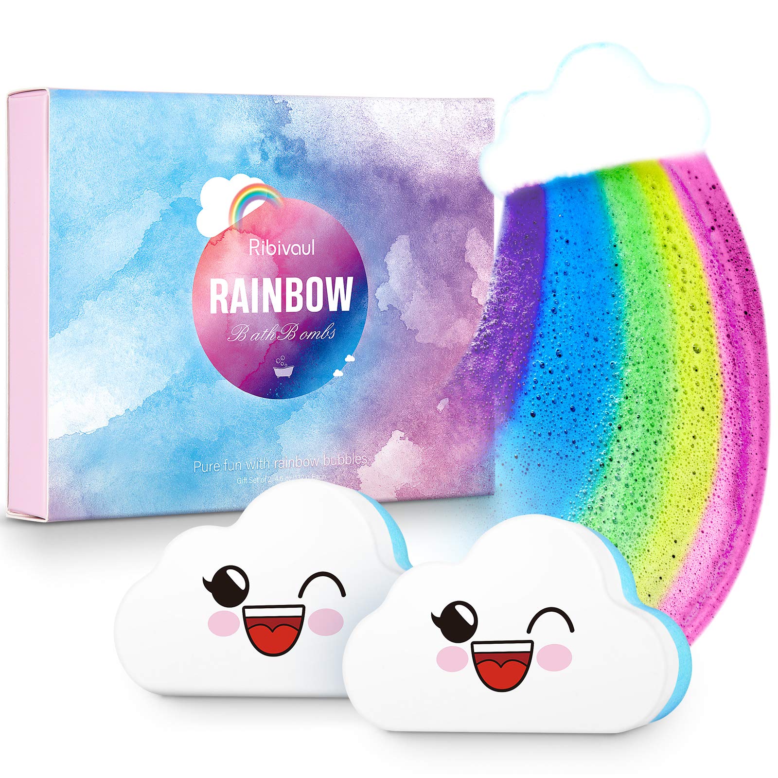 Rainbow Bath Bombs 2Pcs Gift Set, Ribivaul Handmade Bath Bombs with Natural Ingredients and Dreamy Rainbow, Bath Bomb with Rich Bubble, Great Gift for Birthday, Halloween, Thanksgiving, Christmas