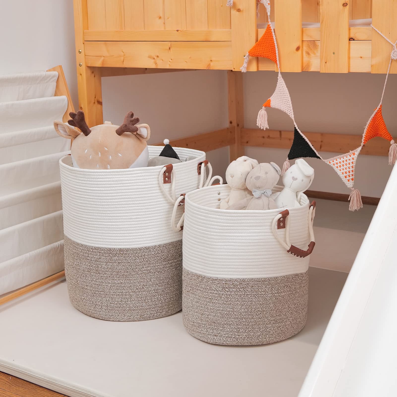 WSNYY Cotton Rope Basket, Storage Basket, Woven Laundry Hamper, Toy Storage Bin, Nursery Storage Basket, Baby Bin Organizer, White & Brown, 13.7x15.7 Inches
