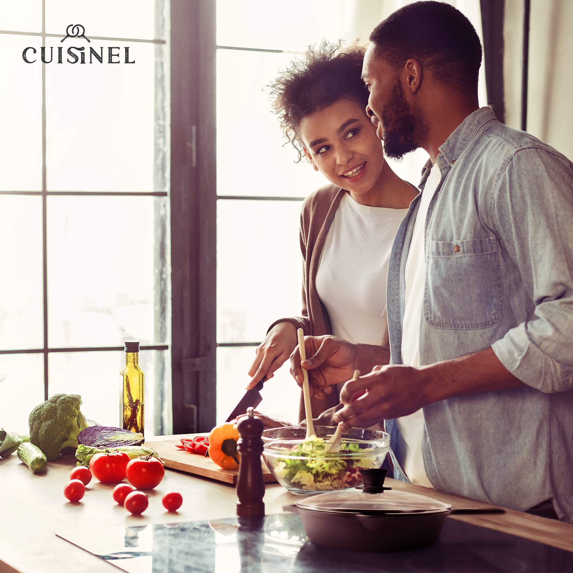 Cuisinel 8"+10"+12"-Inch Cast Iron Skillets Set with Glass Lids + Silicone Handle Holder Covers + Pan Scraper - Pre-Seasoned Oven Cookware - Use Indoor/Outdoor, Grill, Stovetop, Camping Fire, Oven