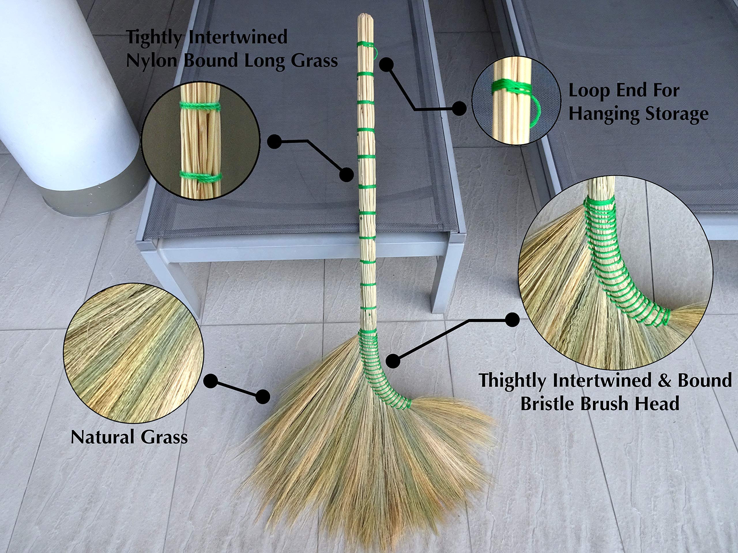Handmade Asian Thai Broom Thick Natural Grass Brush & Handle Broomstick in Vintage Viet Whisk Straw Design