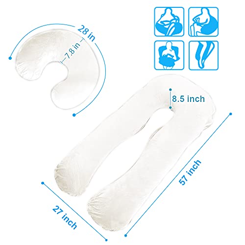 MANDZIXIN Pregnancy Pillow, Maternity Body Pillow with Velvet Separate Support Pillow and Removable Cover,Side Sleeping and Back Hips, Legs, Belly Support for Pregnant Women (White, U Shaped)