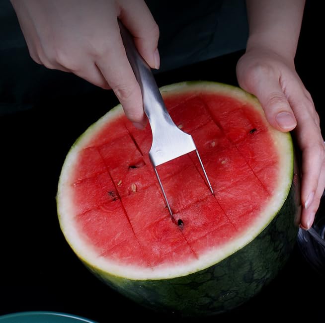 2-in-1 Stainless Steel Fruit Cutter, 2024 Upgrade Portable Watermelon Fork Slicer Cutter Melon Cube Cutter, Stainless Steel 2-in-1 Watermelon Fork Slicer, Dual Head Fruit Forks Slicer Knife (1 Pack)