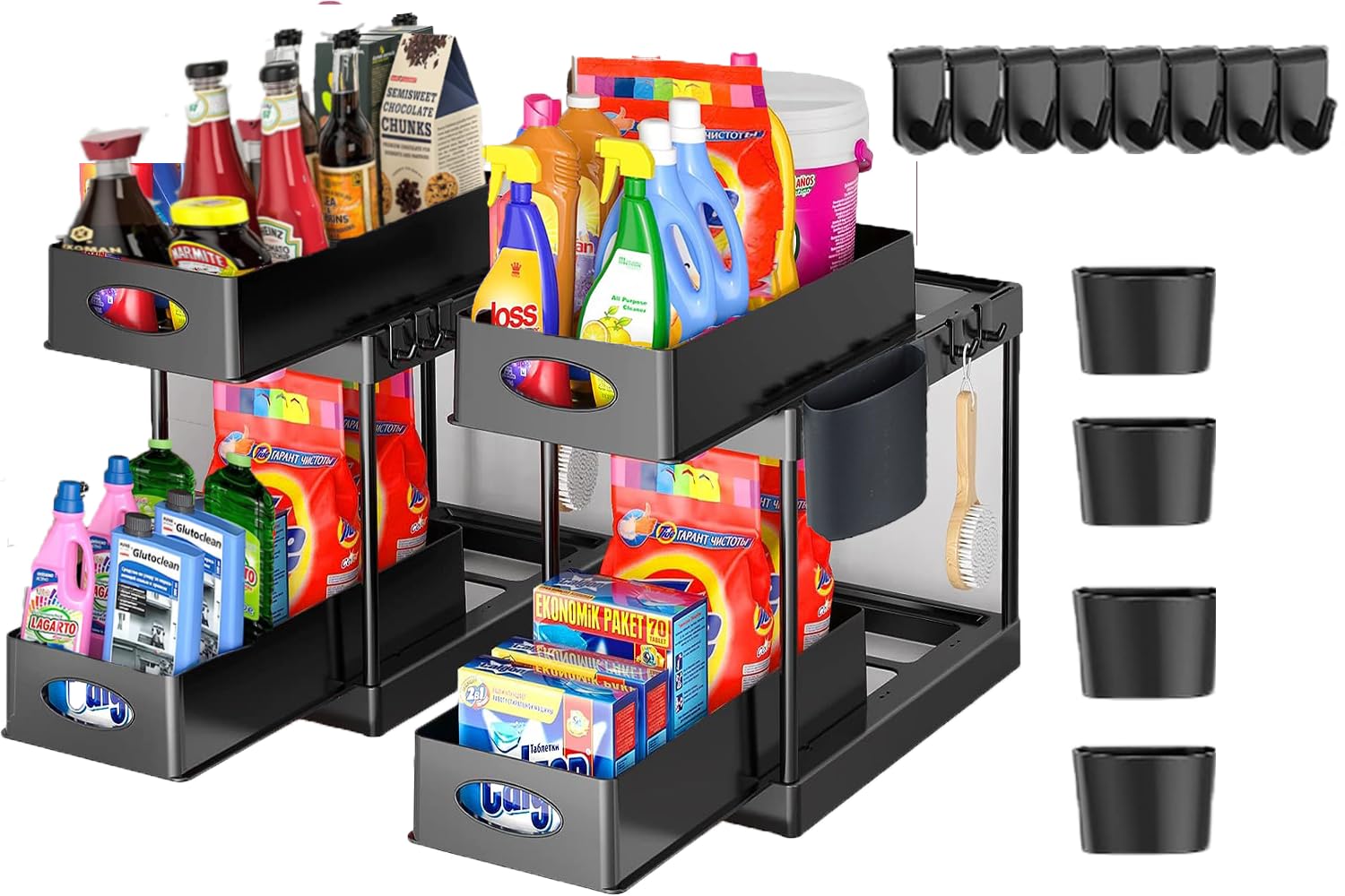 2 PackUnder sink organizer, double pull-out drawer multi-purpose under sink organizers and storage for bathroom kitchen,8 hooks 4cup