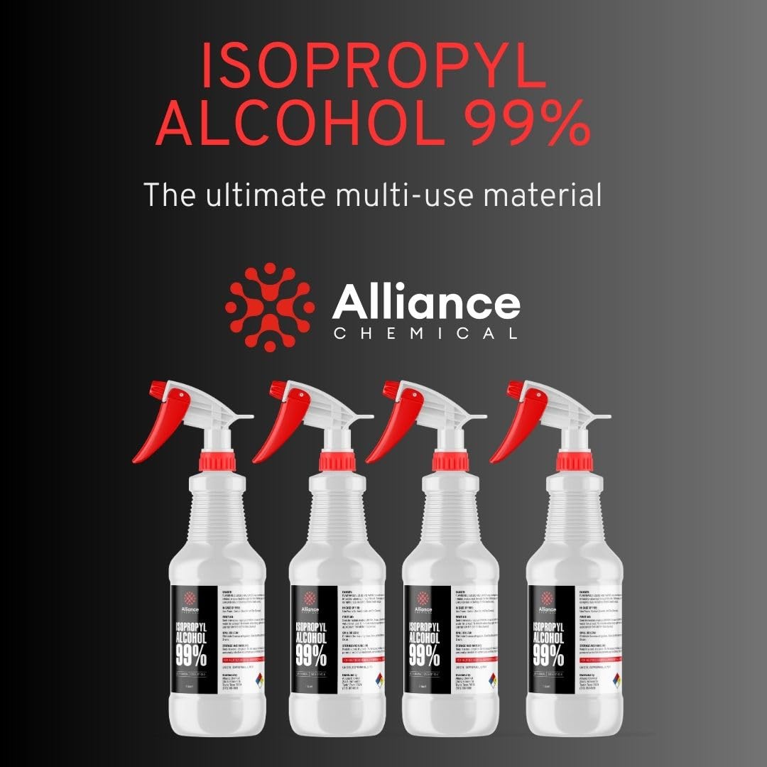 Isopropyl Alcohol 99% - 4 x 1 Quart Spray Bottles - High-Purity Concentrated Rubbing Alcohol for Effective Cleaning - Quick-Drying, Domestically Sourced IPA