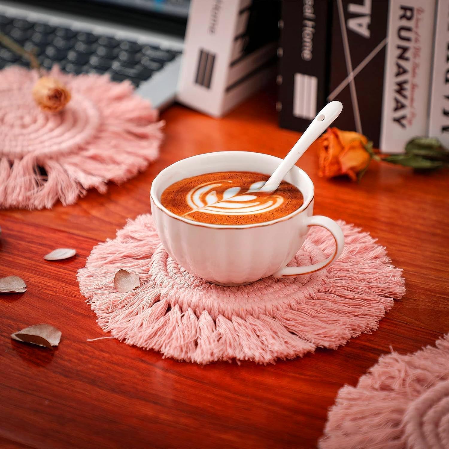 2 Pack Cotton Coasters for Drinks, Round Woven Absorbent Coasters with Tassels, Boho Decor Macrame Coasters Heat Protection Mat for Home, Office and Bar, Housewarming Gift-7in (Pink)