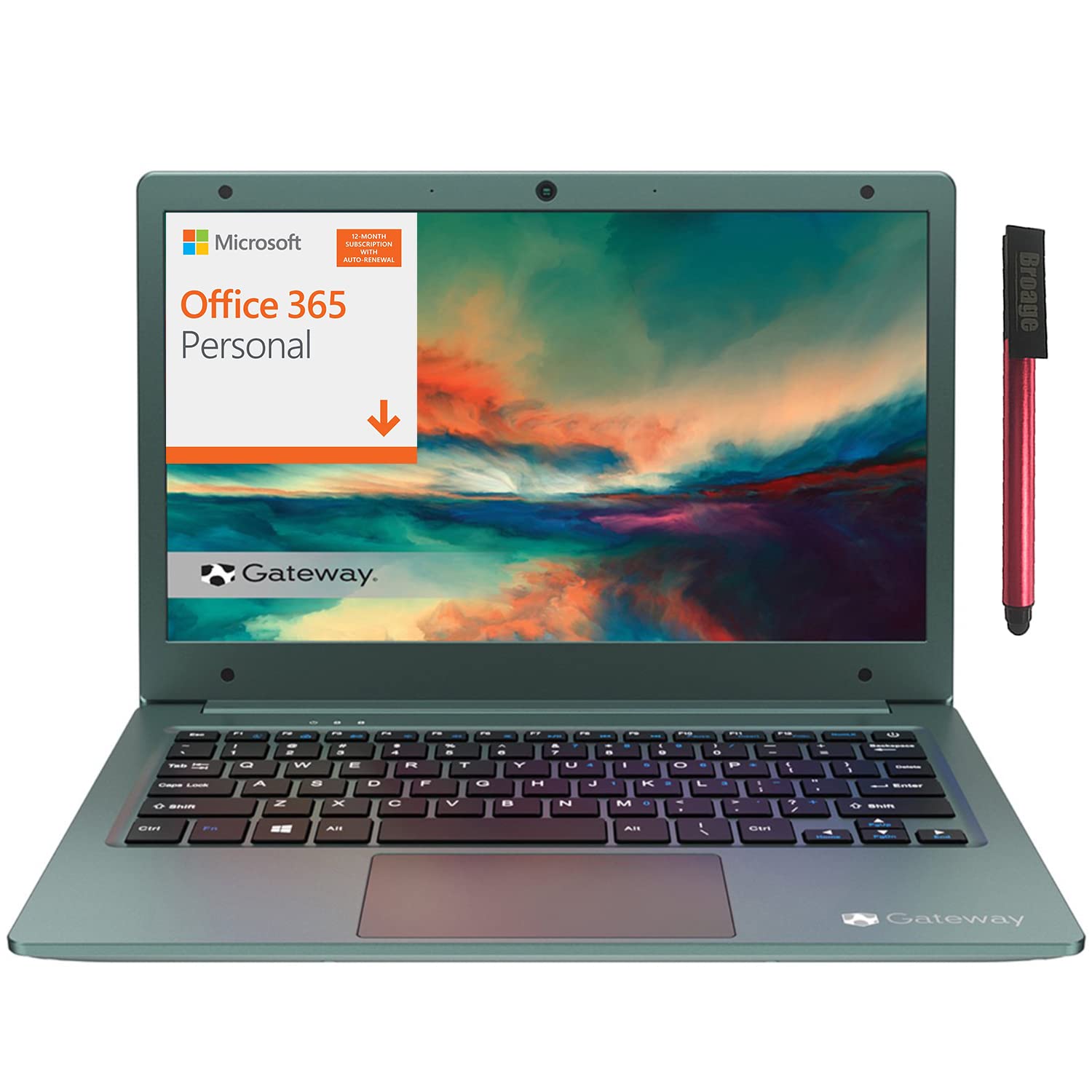 Gateway 11.6" Ultra Slim Notebook Laptop Computer, Green, Intel Celeron N4020 Processor, 4GB LPDDR4 RAM, 64GB eMMC, Bluetooth, Webcam, Windows 10 S, Office 365 Personal 1-Year, BROAGE 64GB Flash Drive