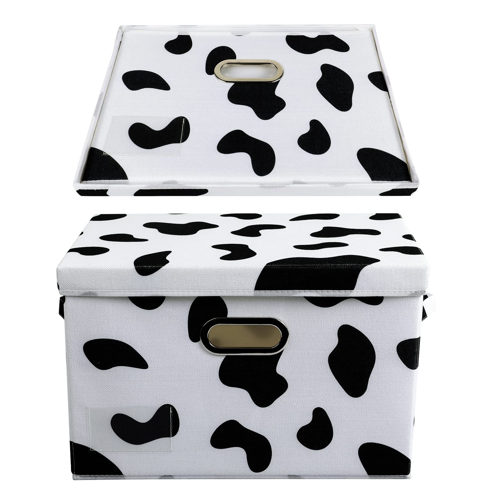 ANMINY 2PCS Large Storage Bins Cow Print Foldable Cotton Linen Lidded Box Basket Cubes Set with Removable Lids PP Plastic Board Handles Label Window Home Closet Shelf Clothes Toys Organizer Containers