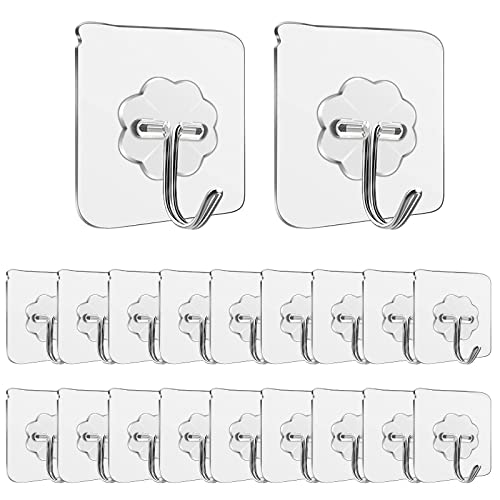 Adhesive Hooks, 20-Pack Kitchen Wall Hooks, Wall Hook Heavy Duty (22 lbs) Max, Reusable Bathroom Hook, Waterproof and Rustproof