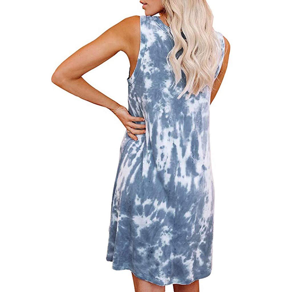 F_Gotal Womens Dresses Summer Strap Plus Size Tie-Dye Pleated Dress Swing Mini Dress Beach Sundress Party Cocktail
