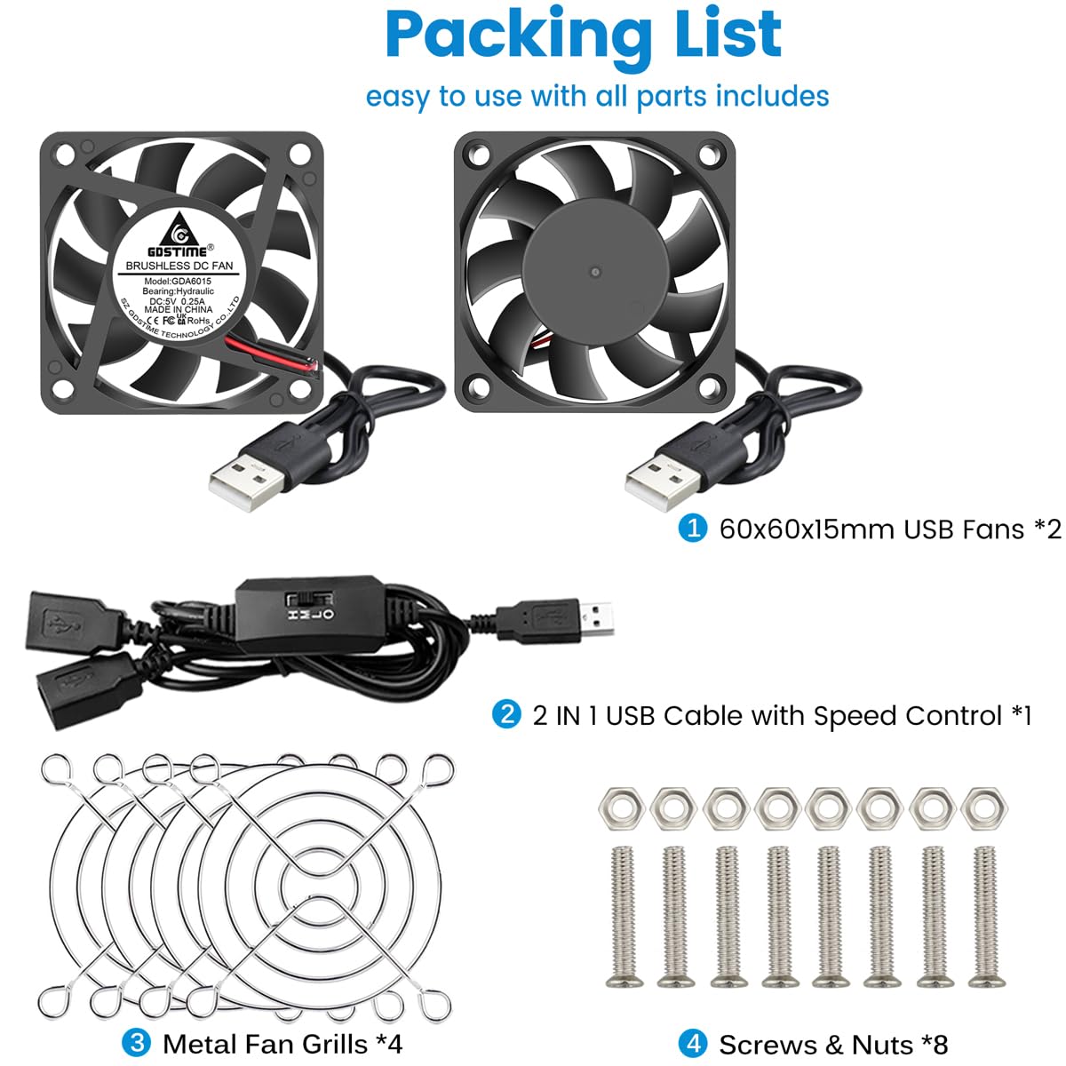 GDSTIME 2-Pack 60mm x 15mm USB Fan with 3 Speed Control, 5V Brushless DC Cooling Fans for PC Computer Case Cooler Raspberry Pi Radiator Ventilation