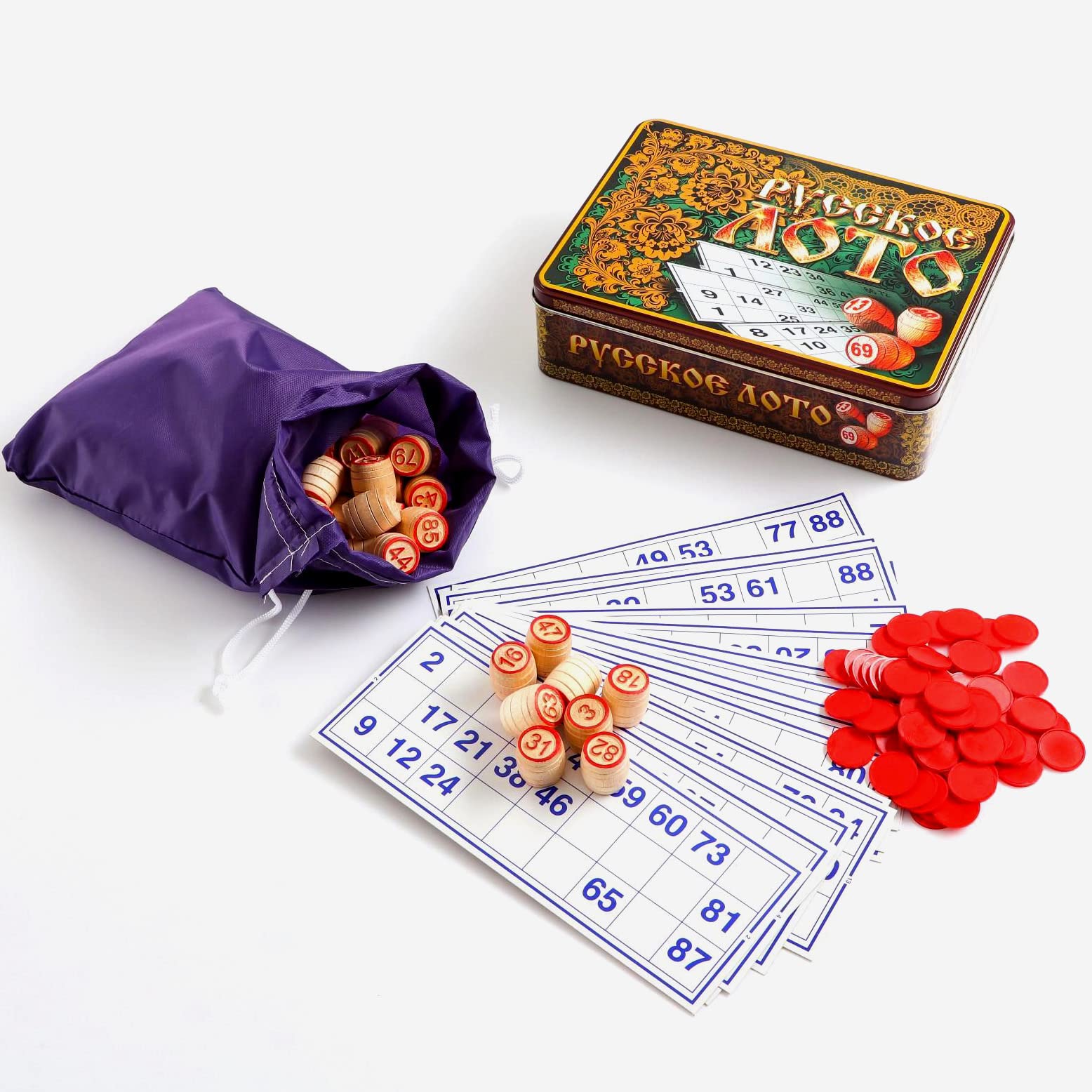 AEVVV Wood Russian Lotto in Metal Case with Russian Folk Patterns - Bingo Game Cards Set for Family