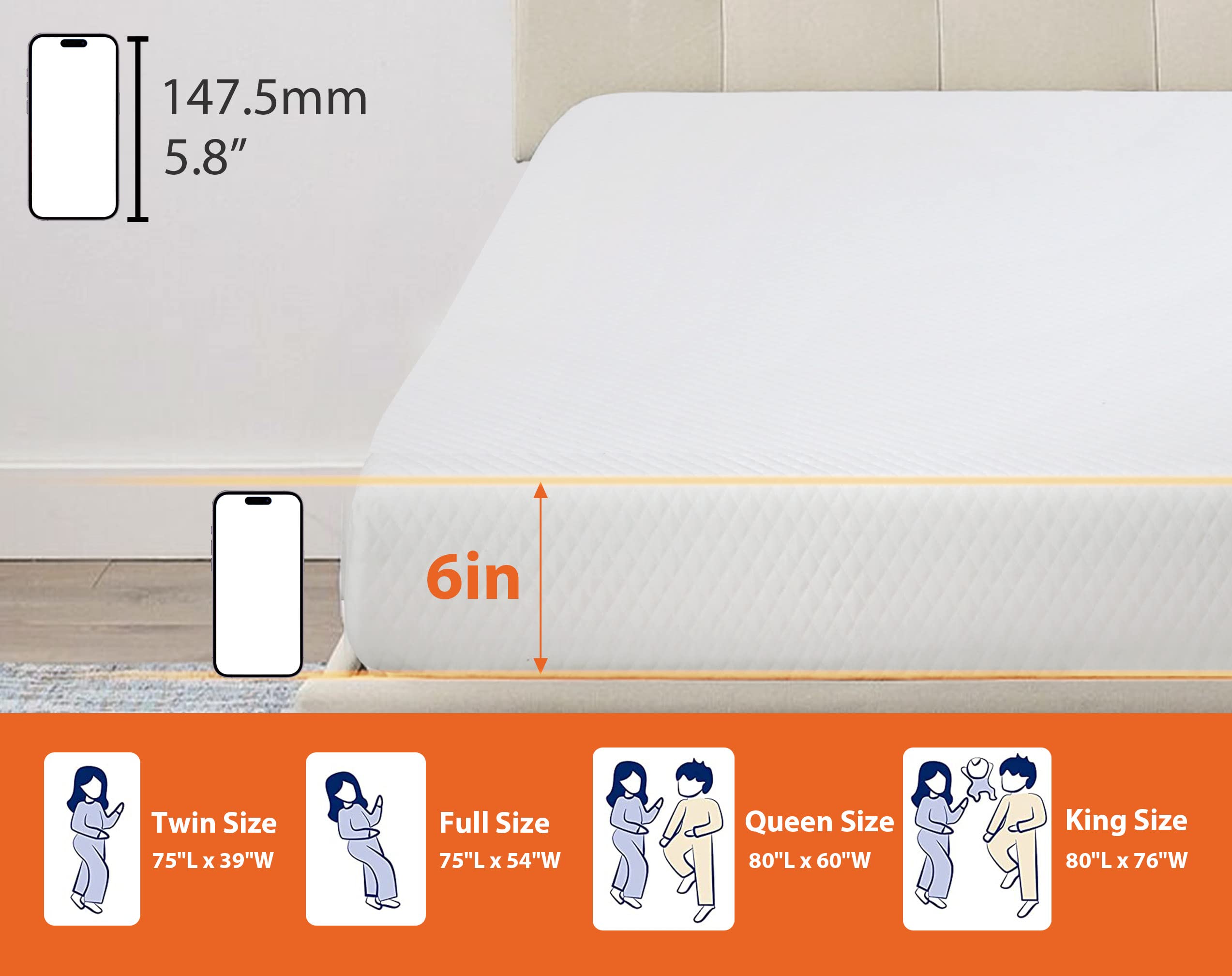 6 inch King Size Mattress with Cover, Cooling Gel Memory Foam King Mattress for a Cool Sleep & Pressure Relief, Medium Firm Mattress Pad King Mattresses, Bed in a Box, CertiPUR-US Certified