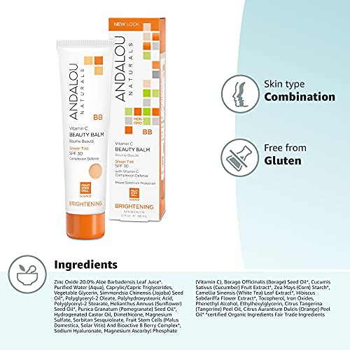 Andalou Naturals Vitamin C BB Beauty Balm Sheer Tint SPF 30, 2-in-1 BB Cream & Face Sunscreen with Broad Spectrum Protection, Mineral Sunscreen with Non-Nano Zinc Oxide, 2 Fl Oz